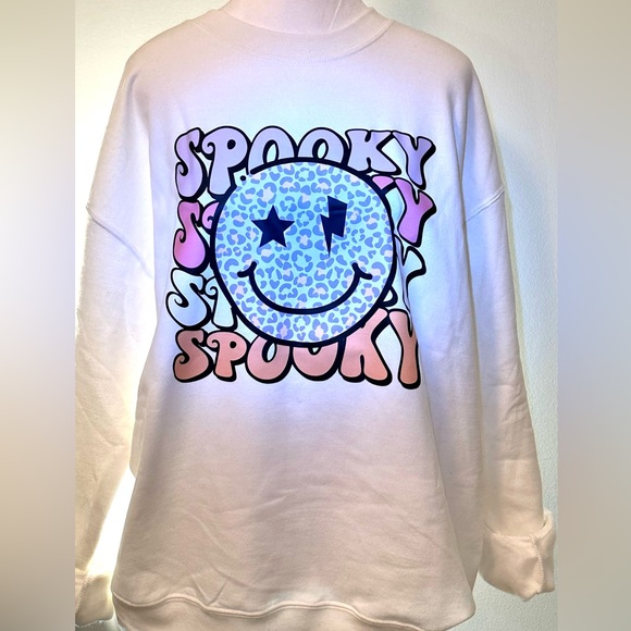Tops | Spooky Spooky Spooky Smiley Sweatshirt In Offwhite | Poshmark